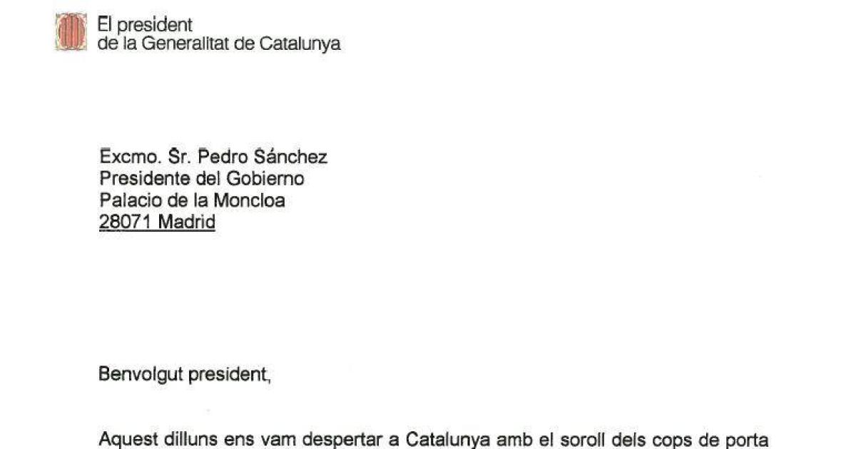 Torra demana per carta a Sánchez explicacions per les detencions Torra demana per carta a Sánchez explicacions per les detencions