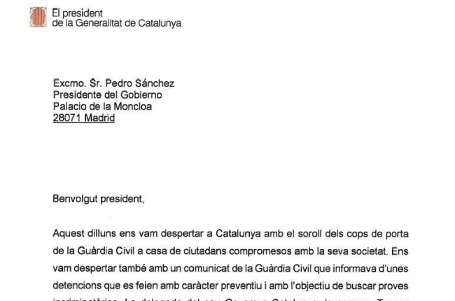 Torra demana per carta a Sánchez explicacions per les detencions Torra demana per carta a Sánchez explicacions per les detencions